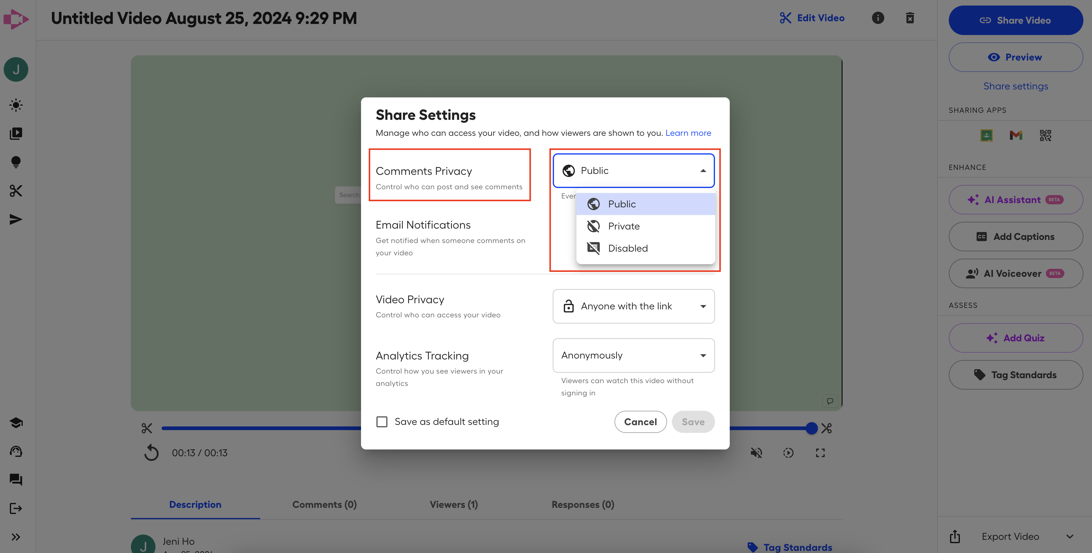 Customizing Comment Settings on my Video(s) – Screencastify